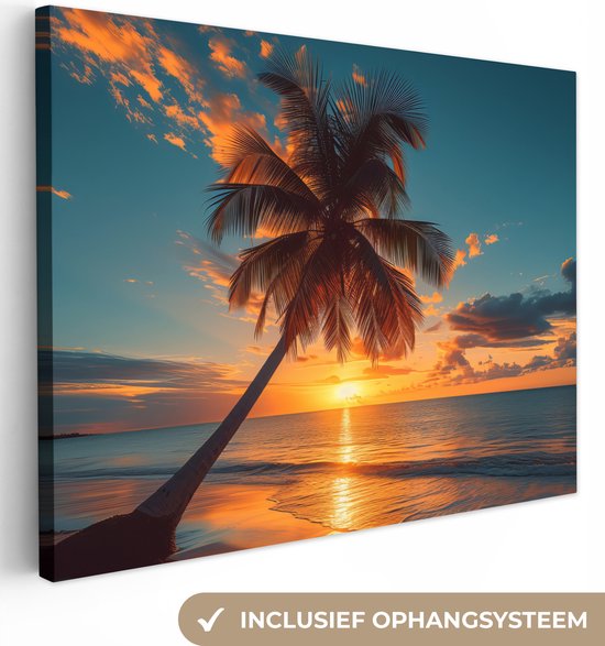 Canvas Schilderij 160x120 cm - Zonsondergang - Palmboom - Zee - Horizon - Strand -... | bol