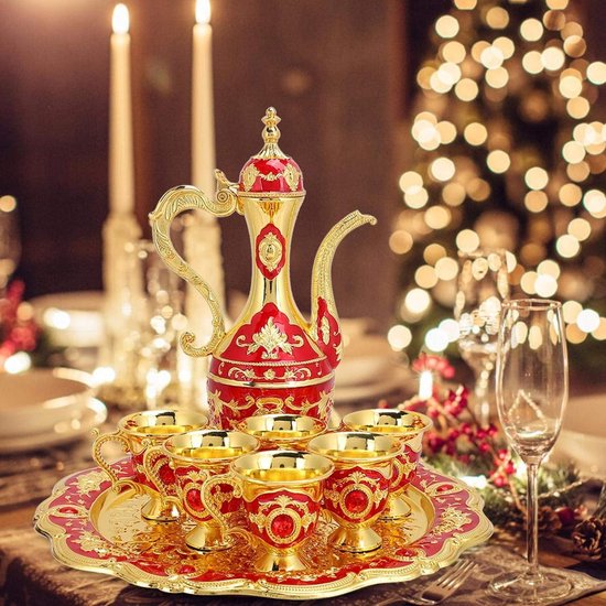 Turkse theeset, metalen theepot set met 6 koffiekopjes en theeblad, Art ...