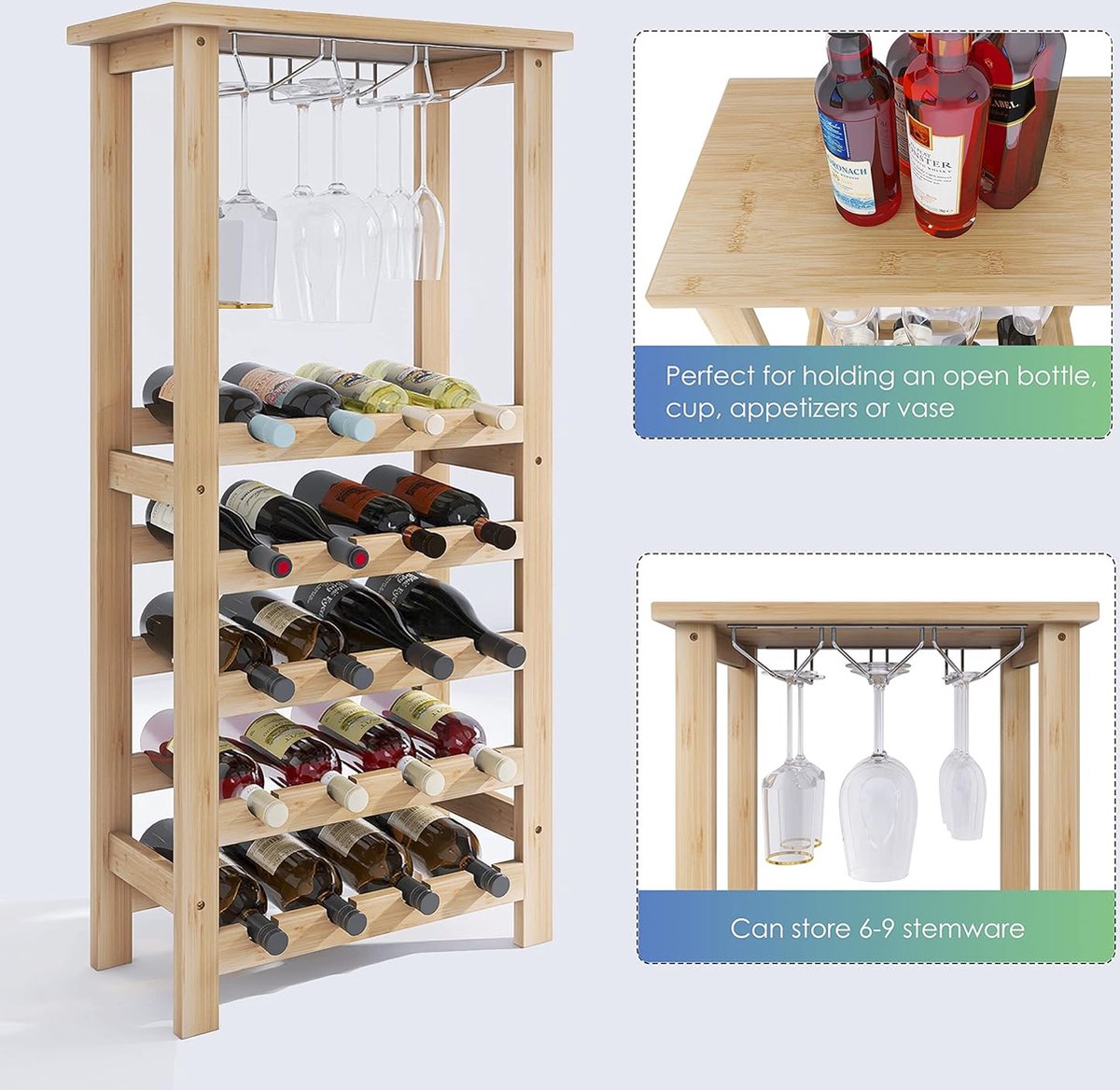 wijnflessen, vrijstaand, flessenrek met glashouders, voor keuken, bar ...