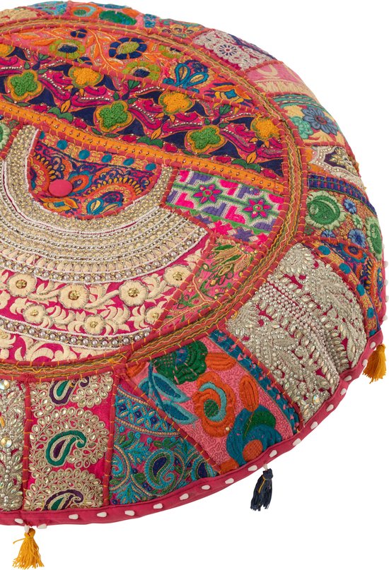 J-Line poef rond plat patronen + kwasten - katoen - roze | bol