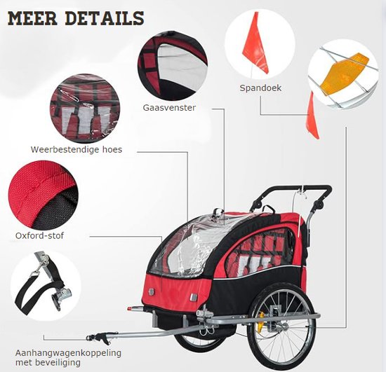 Fietskar Voor Kinderen - Inklapbare Kinderfietskar Regenwerend Met 5 ...