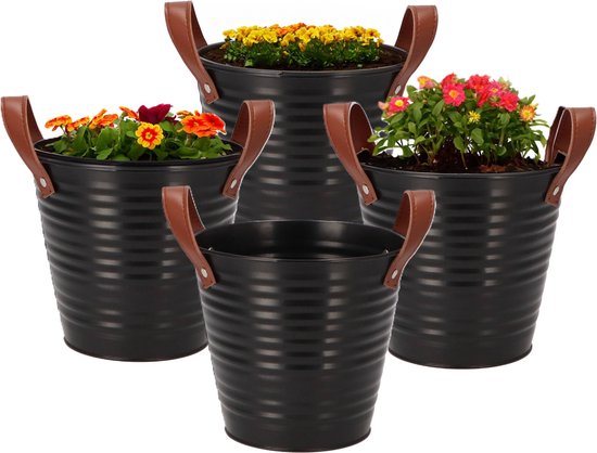 DK Design Plantenpot/bloempot emmer Leather- 4x - zink - zwart - D16 x ...