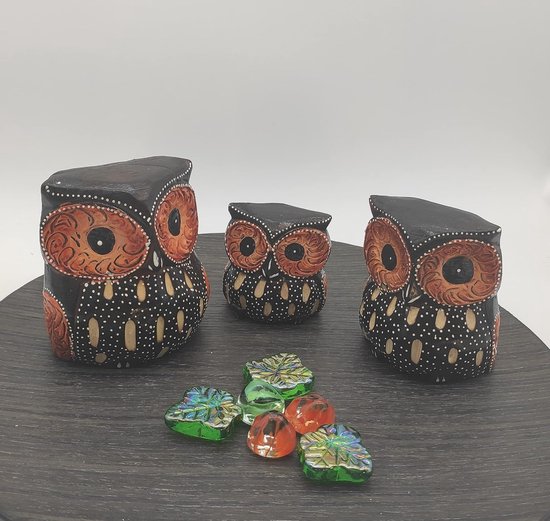 Set van 3 uilen van hout, decoratie, handgesneden, uil van geluk, Idee ...