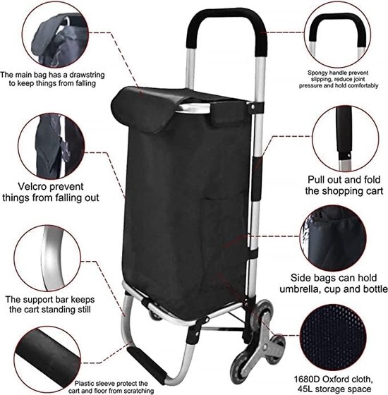Boodschappentrolley, opvouwbare winkelwagen, trappenwagen met afneembare tas en... | bol