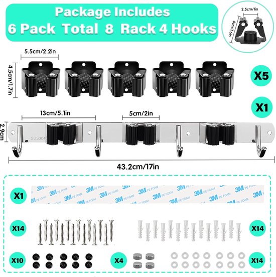 Bezemhouder, muur, 6 stuks, apparaathouder, haak, rail, bezemhouder ...