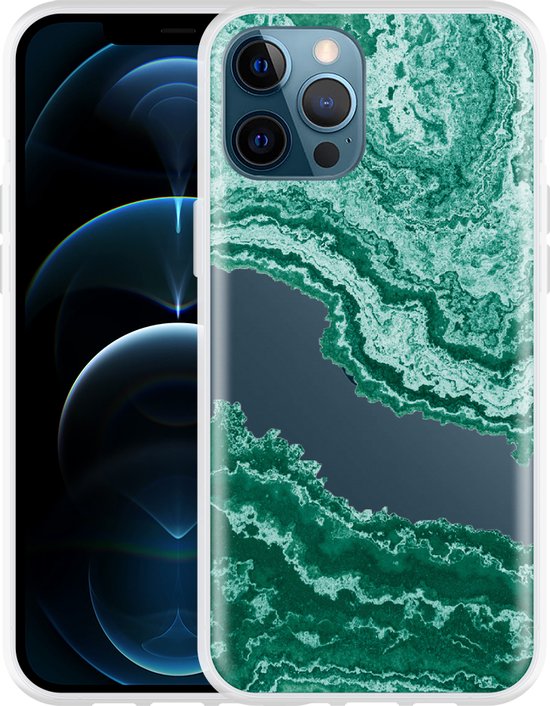 Geschikt voor Apple iPhone 12 Pro Max Hoesje Turquoise Marble Art ...