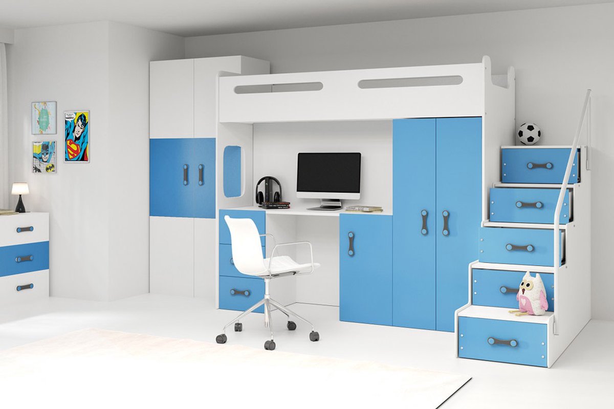 Hoogslaper Blauw – Inclusief Bureau & Kleding kasten – Hoog Slaper met ...