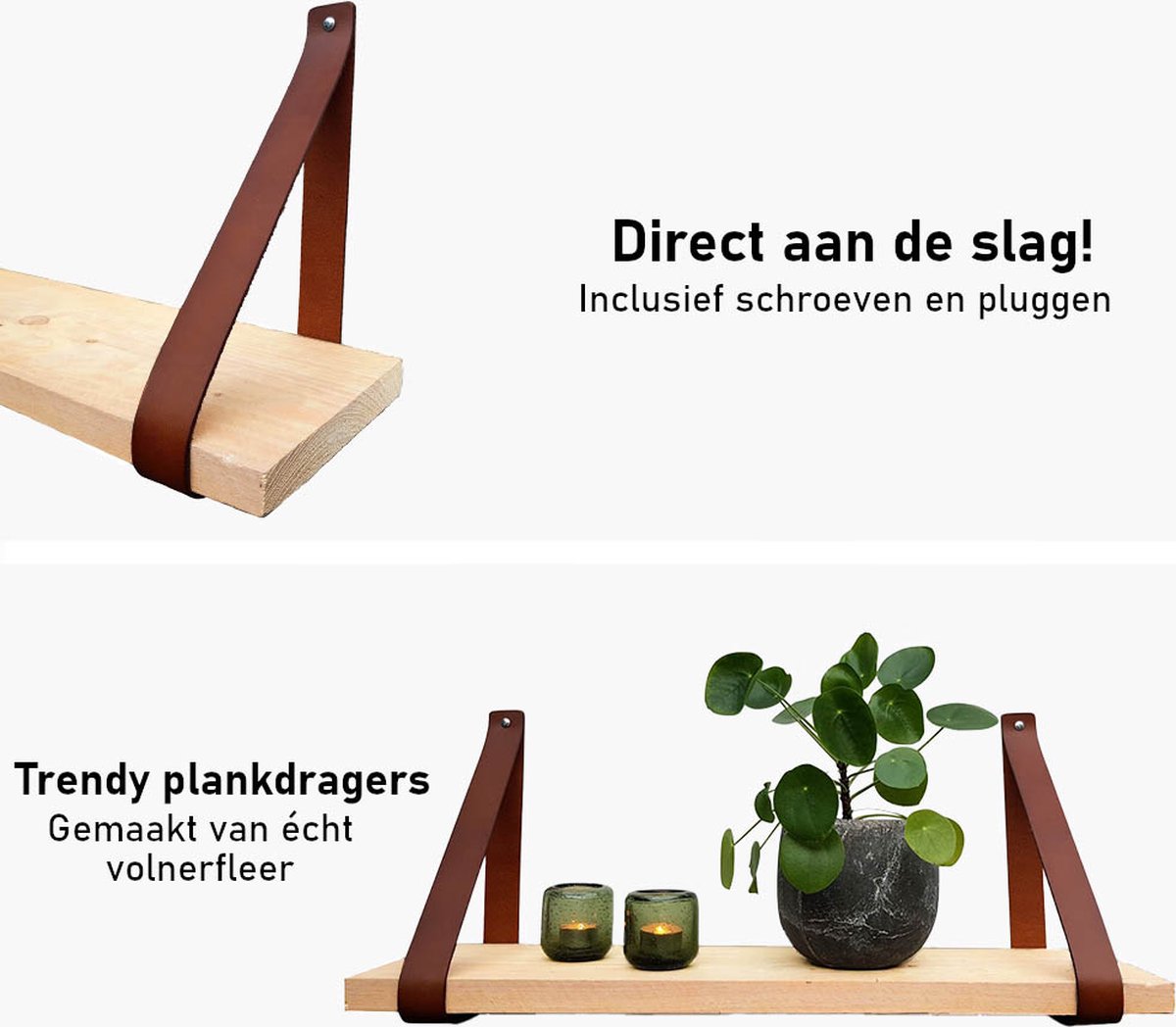 Leren plankdragers - Cognac - 4 stuks - Echt lederen planken dragers ...