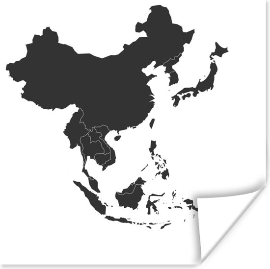 Poster Kaart van Azië in het zwart op een witte achtergrond - 100x100 ...