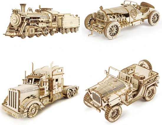 Robotime - Volledige set - Trein - Vrachtwagen - Auto - Race auto ...