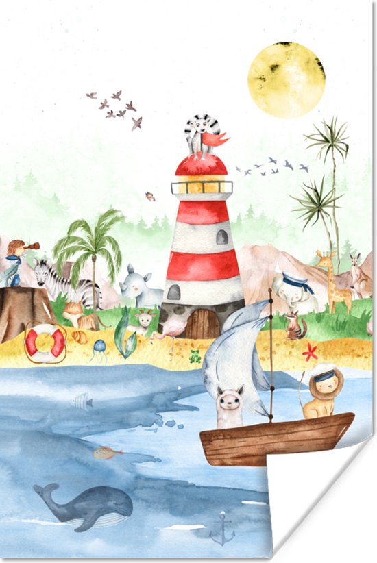 Poster kinderen - Wanddecoratie jongens - Strand - Dieren - Kinderen ...