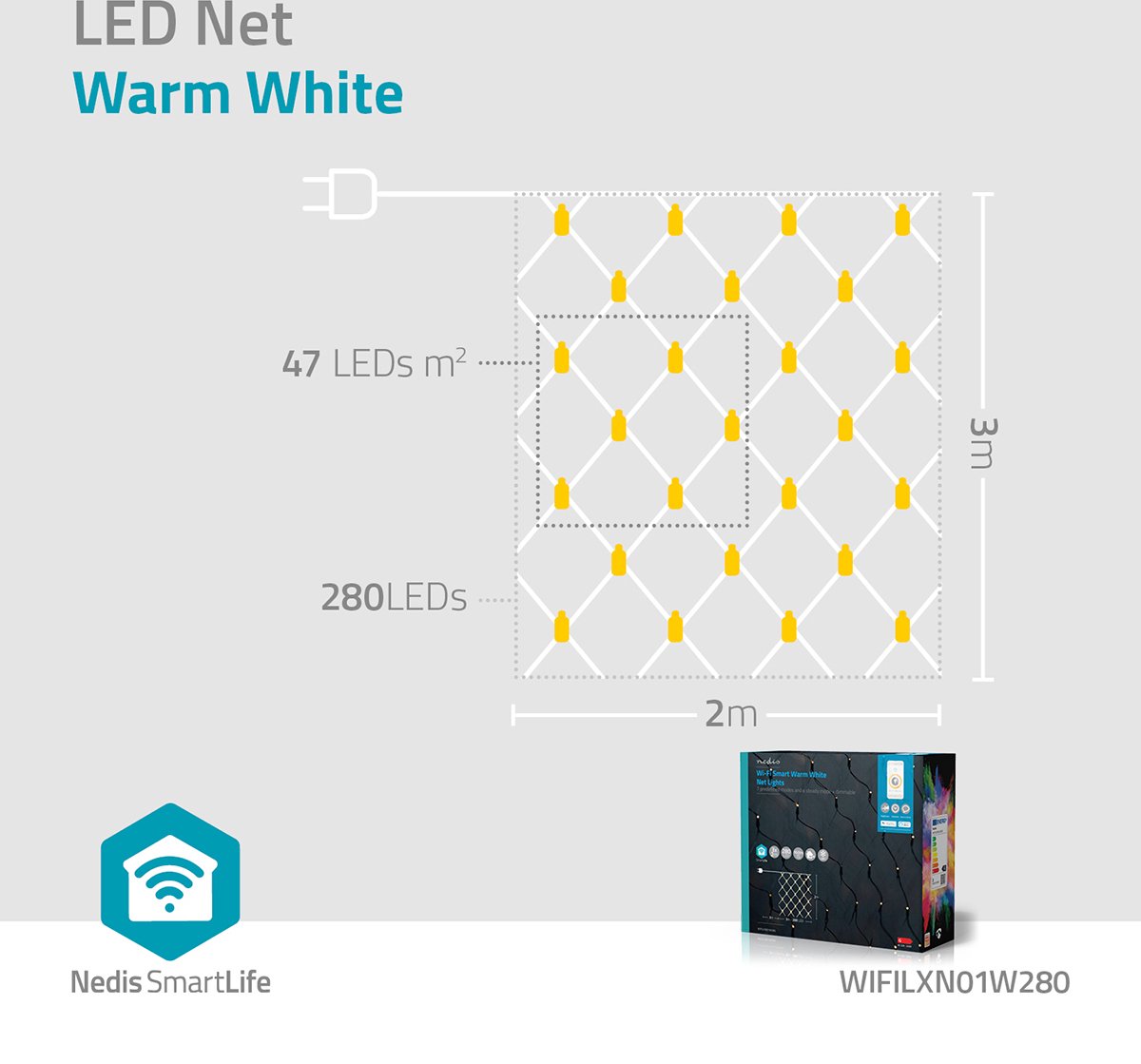 Nedis SmartLife Decoratieve LED | Net | Wi-Fi | Warm Wit | 280 LED's | 3.00 m | 3 x 2... | bol.com