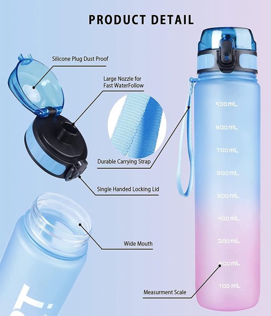 Waterfles 1000ml - Black 'n White - Sport bidon 1L - Drinkfles Zwart ...