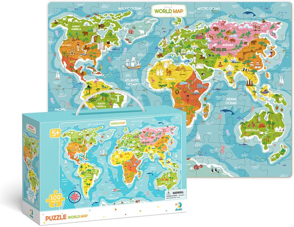 DODO Toys - Puzzel Wereldkaart +5 -100 stukjes - 46x64 cm -Educatief ...