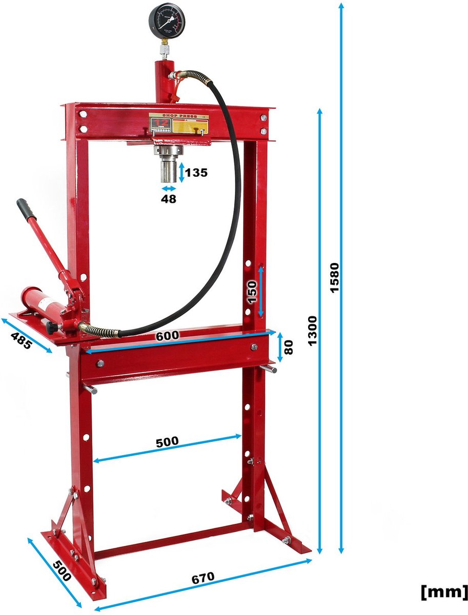 Verstelbare hydraulische werkplaatspers 12t met manometer | bol.com