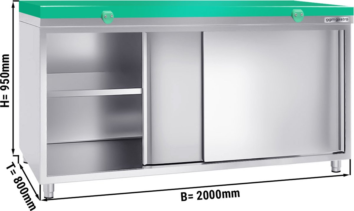 Roestvrijstalen werkkast PREMIUM - 2000x800mm - met schuifdeur zonder ...