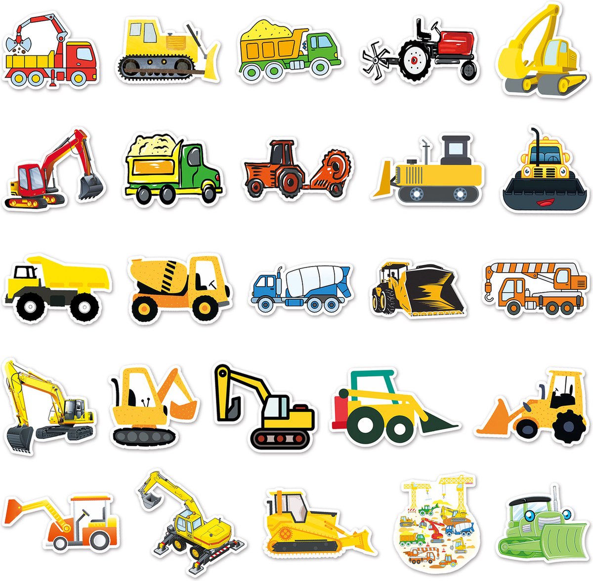 50 Stickers met Werkvoertuigen; Kraan, Heftruck, Graafmachine ...