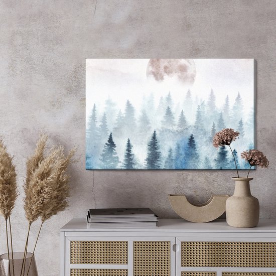 Schilderijkoning - Canvas Schilderij Maan Boven Mistige Bomen - 40 x 30 ...