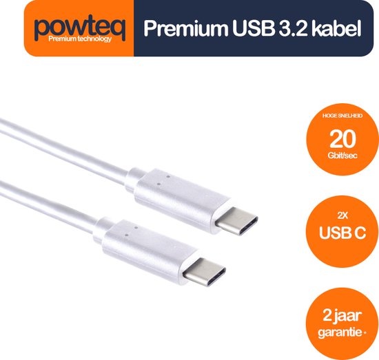 Powteq - 1 meter premium USB 3.2 kabel - Wit - USB C kabel | bol