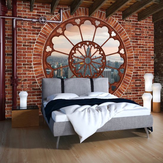 Fotobehang - Vlies Behang - 3D Uitzicht op New York Stad door Rond Raam ...