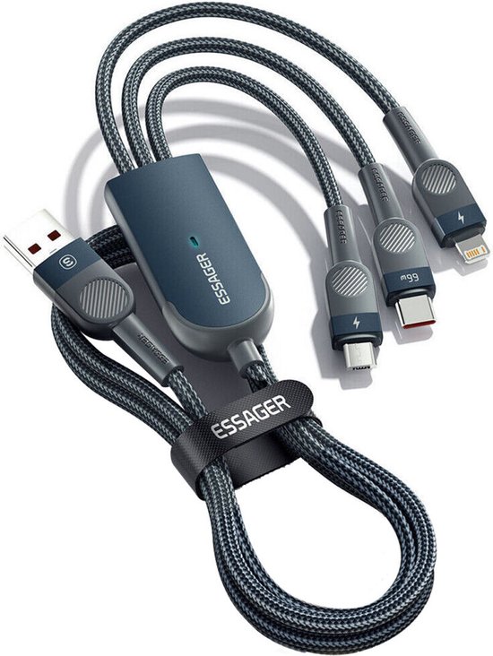 Essager 3-in-1 66W USB naar Lightning/USB-C/Micro USB Kabel 1.2M Blauw | bol