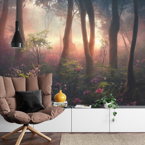 Fotobehang Colorful Sunset Forest Scenery With Beautiful Trees And ...