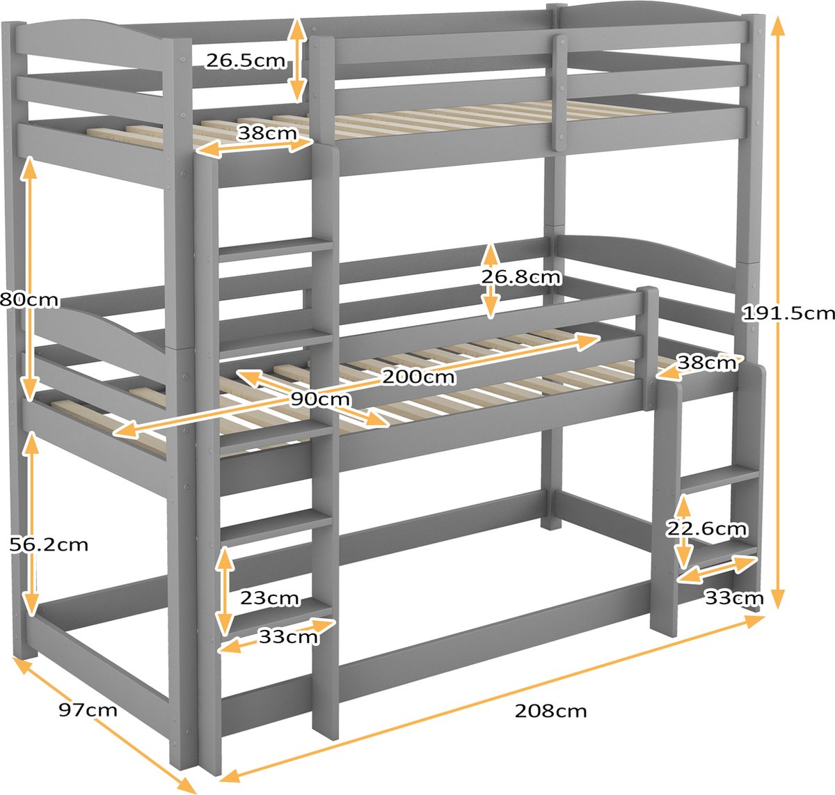Merax 3 Persoons Stapelbed - Opstapelbaar Bed - Hoogslaper voor 3 ...