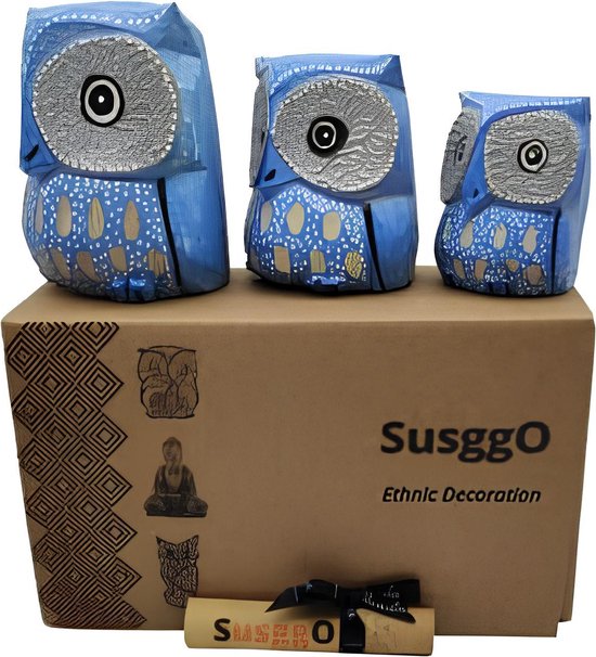 Set van 3 uilen van hout, decoratie, met de hand gesneden, uil van ...