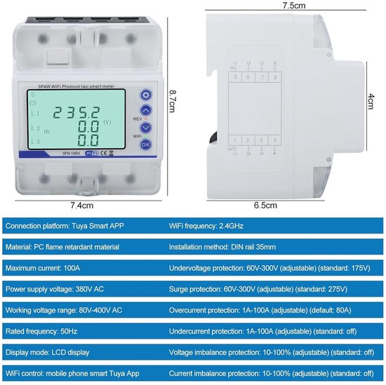 3 Fasen 100A 380V AC Stroommeter met Wifi - Elektrische Energiemeter 4 ...