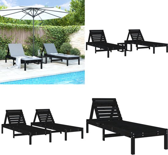 vidaXL Ligbedden 2 st met tafeltje massief grenenhout zwart - Ligbed ...