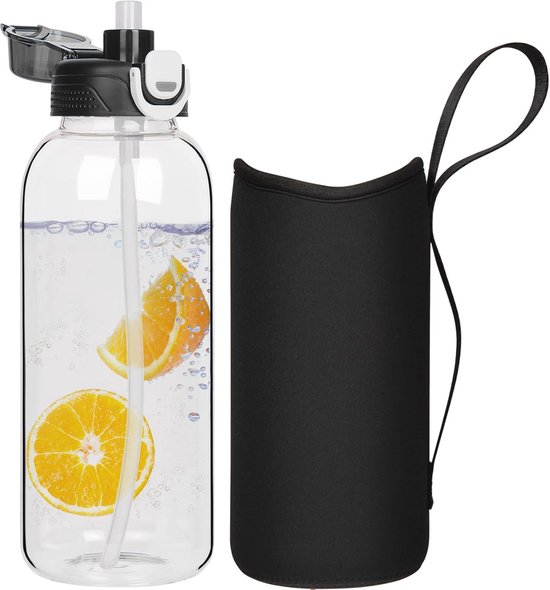 2 Liter Glas Drinkfles met Rietje - Lekvrije Waterfles van ...