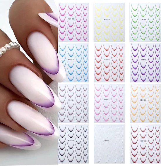 French Tip Nail Sticker Set with 12 Sheets Colourful Self-Adhesive Nail ...