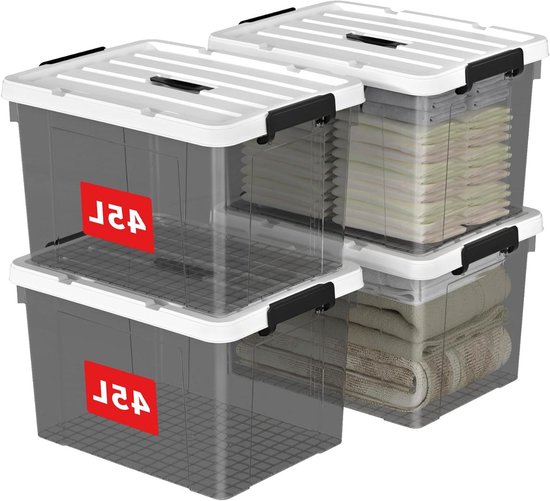 45L x 4 Plastic Opbergdozen - Met Deksel, Handvat en Veilige ...