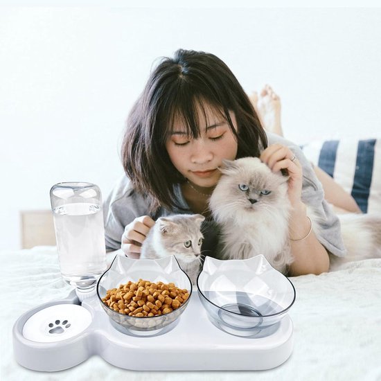 3-in-1 Verhoogde Kattenvoederstandaard 15 graden gekanteld Dubbele ...