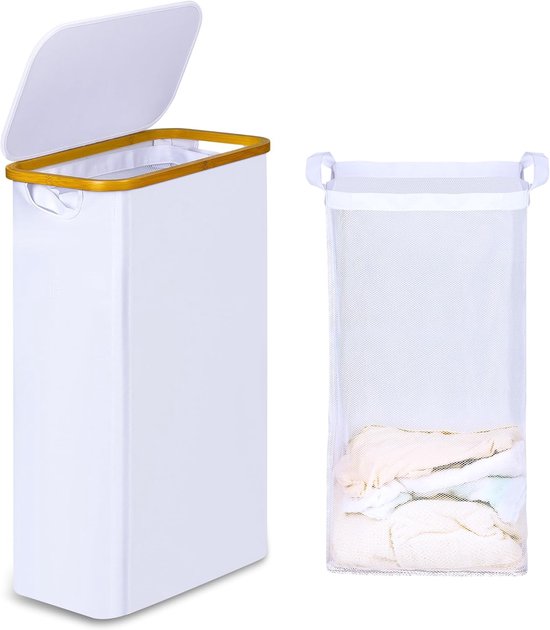 Wasmand met deksel - smal en opvouwbaar - 60 liter - wit - bamboe | bol