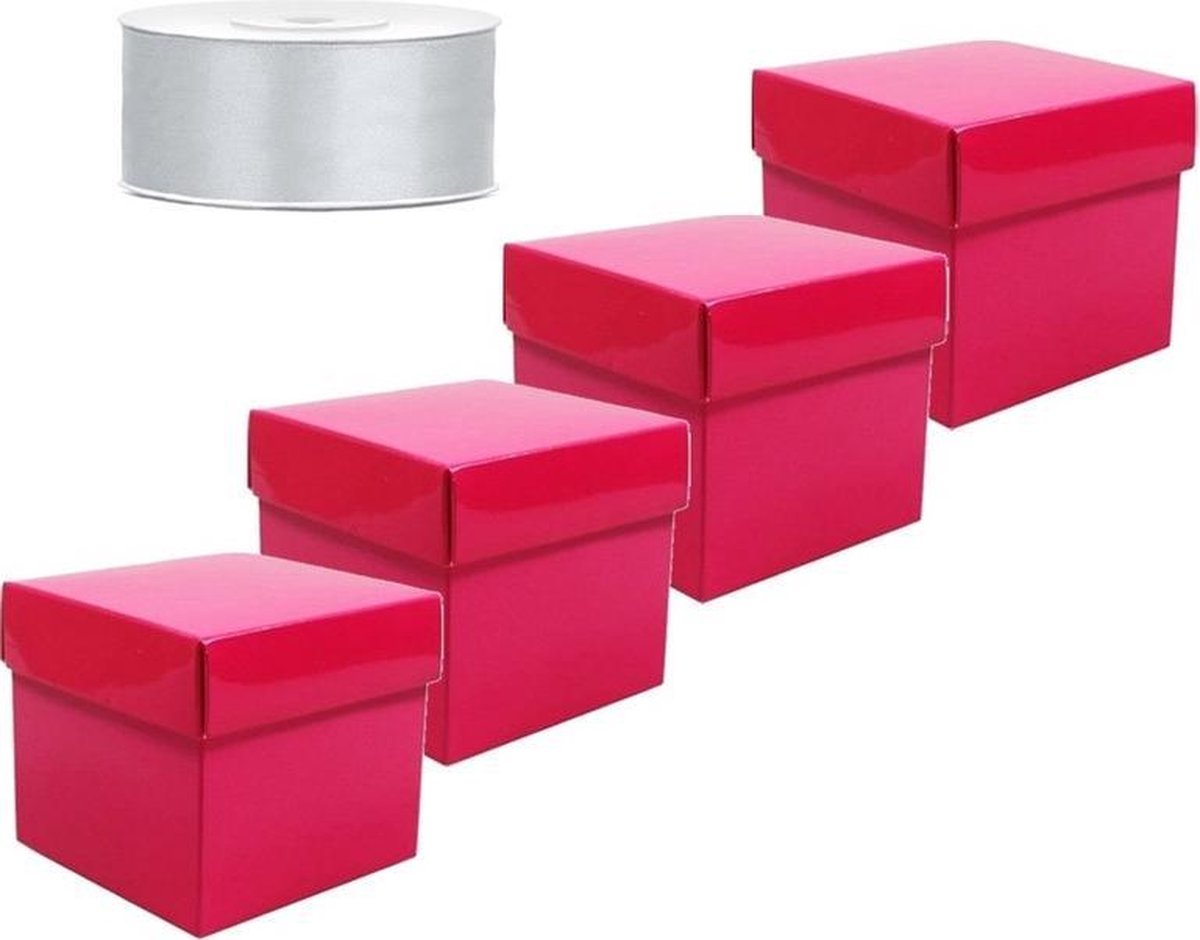 Set van 4 vierkante cadeau doosjes fuchsia roze 10 x 10 cm en 1 rol ...