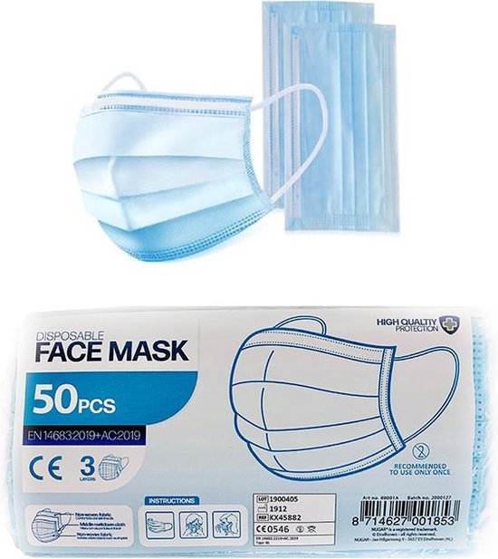 Mondmasker- 50 stuks - elastiek - 3 laags - wegwerp - disposable - mask ...
