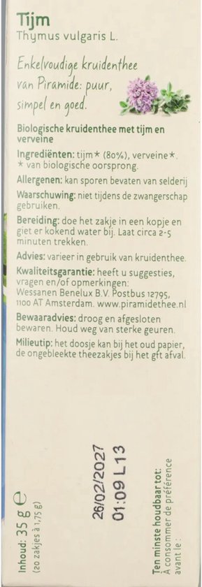 Piramide Kruidenthee Bio Tijm - 3 x 20 stuks - Voordeelverpakking | bol
