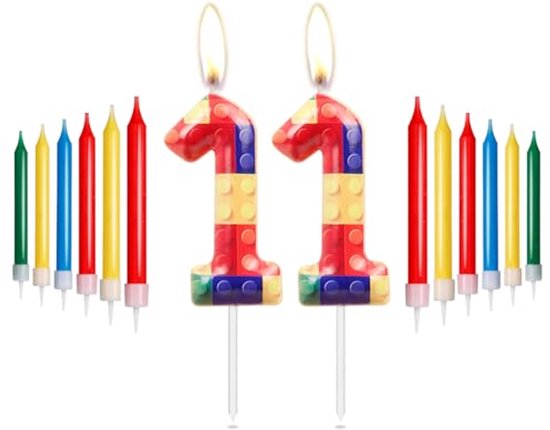 Kleurrijke Verjaardagskaarsen voor Taart - Nummer 11 en Bouwsteenthema ...
