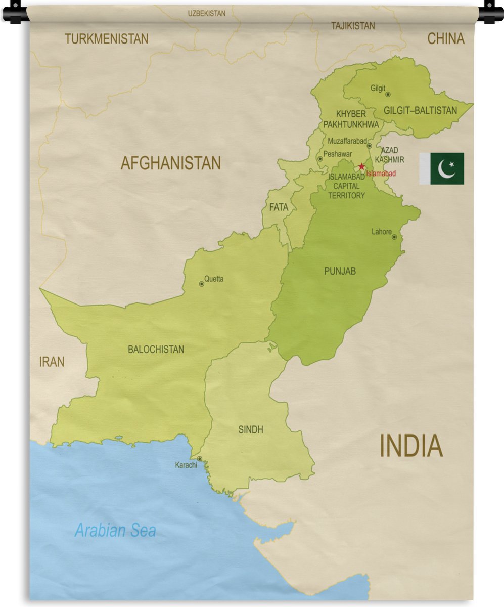 Wandkleed - Wanddoek - tekening van kaart van Pakistan en haar ...