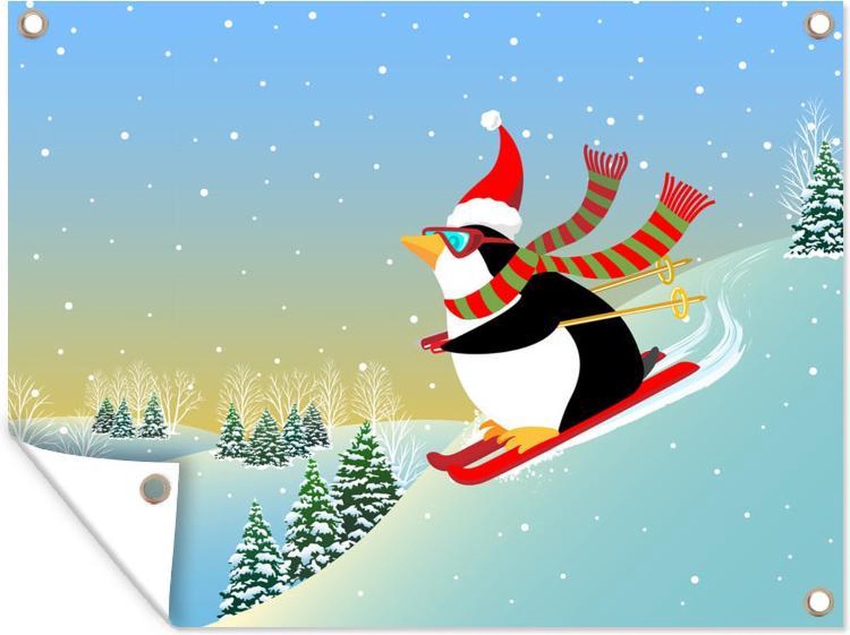 Tuin decoratie tekening van een pinguïn die van de berg af skiet - 40x30 cm - Tuindoek | bol.com