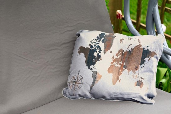 Buitenkussens - Tuin - Wereldkaart van donker hout met een windroos op ...