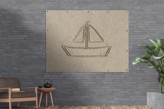 Muurdecoratie buiten Boot getekend in zand - 160x120 cm - Tuindoek ...
