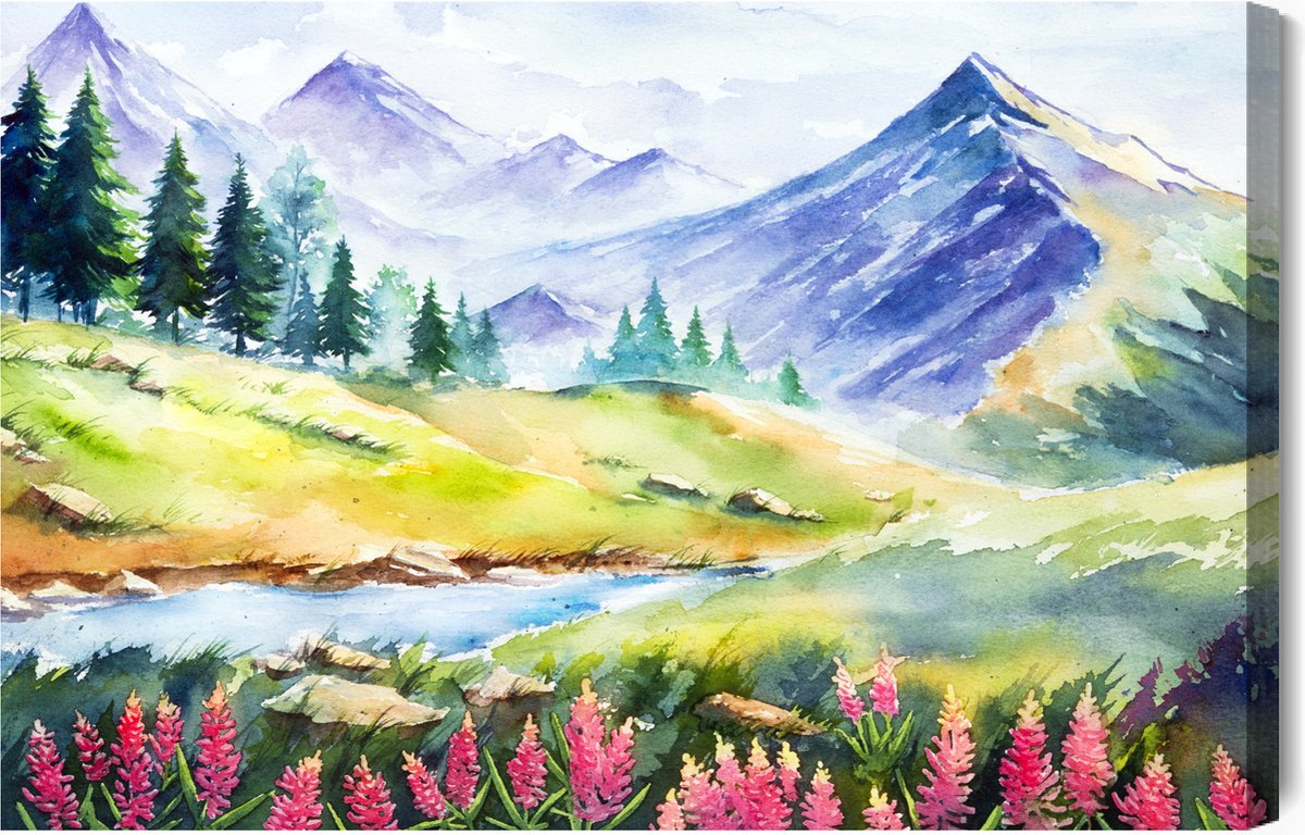 Schilderijkoning - Canvas Schilderij Met Waterverf Geschilderd Berglandschap - 40 x 30 cm | bol.com