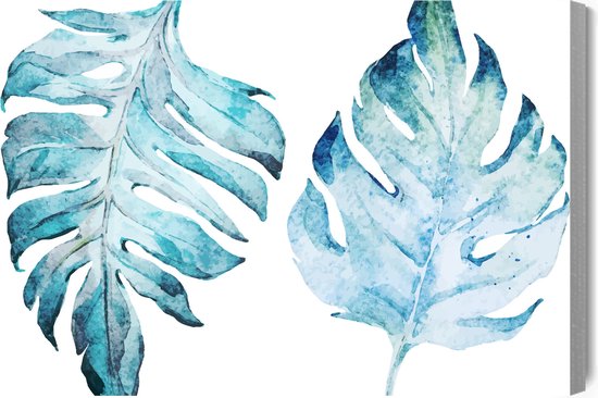 Schilderijkoning - Canvas Schilderij Blauwe Monsterabladeren Geschilderd Met Waterverf... | bol