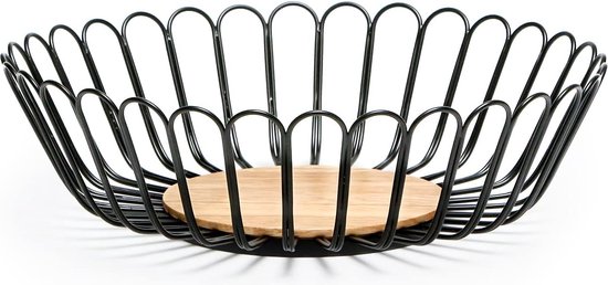 Groot Fruitmand, 30x9cm Zwart Fruitschaal met Houten Voet, Metaal ...