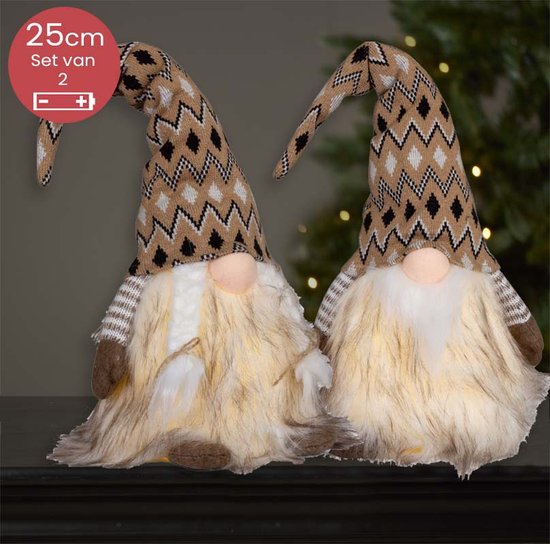 Handgemaakt beige Gnomen-duo met LED verlichting en zwart/witte muts ...