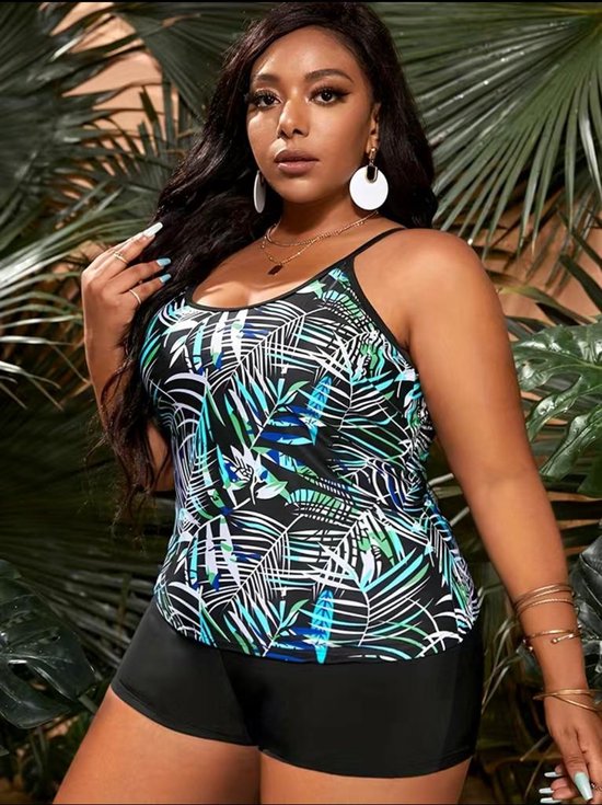 Plus size Casual Tankini set- Dames tropishe print ronde hals ...