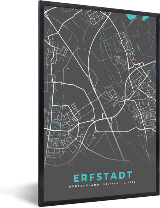 Fotolijst incl. Poster - Erfstadt– Stadskaart – Blauw – Plattegrond ...