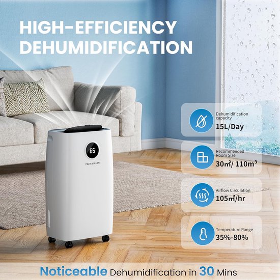 Krachtige Luchtontvochtiger voor Grote Ruimtes - 15L per dag - Stille ...